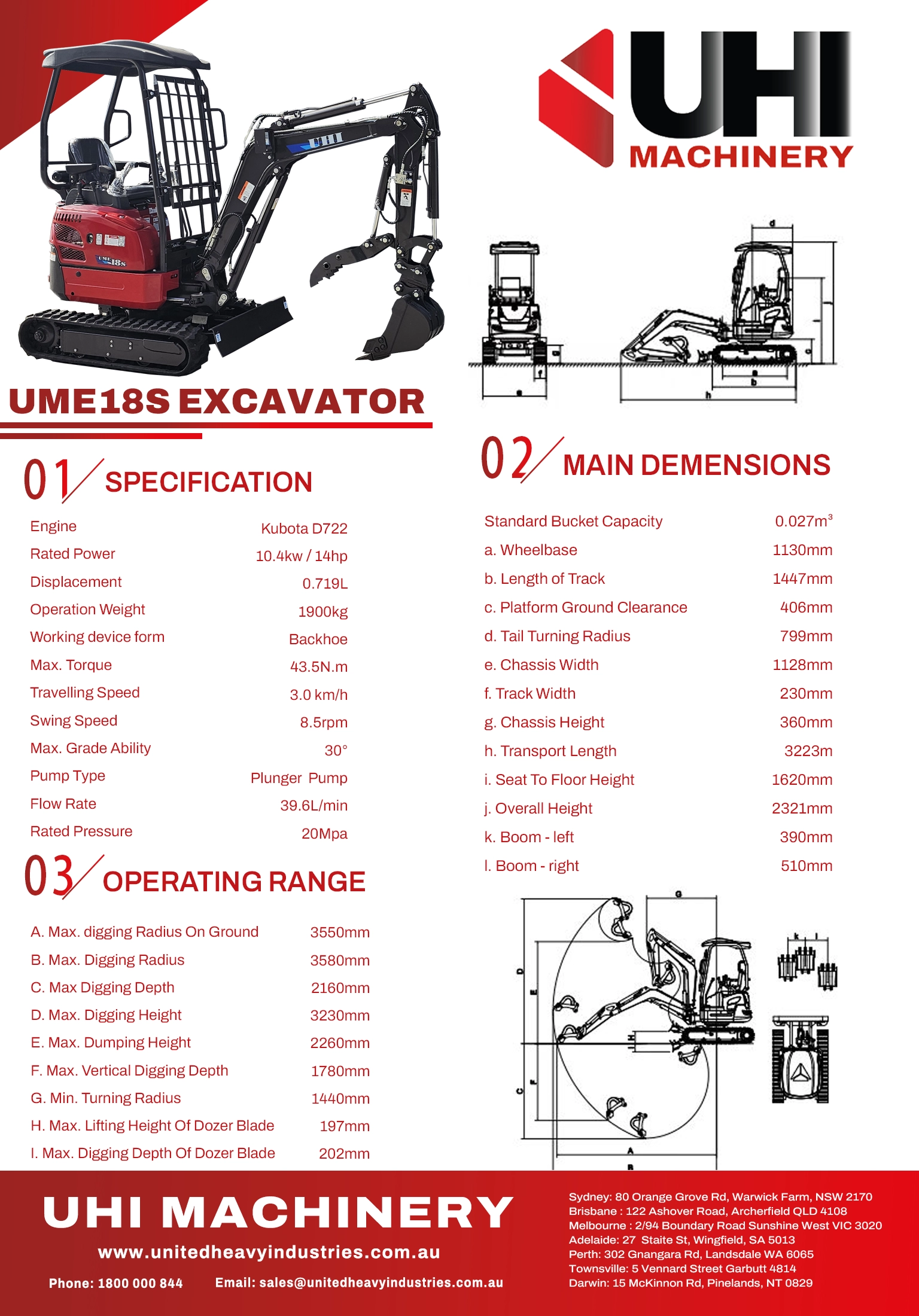 UME18S 14hp Kubota Engine 1.9t Operating Weight Mini Excavator With 8 ...